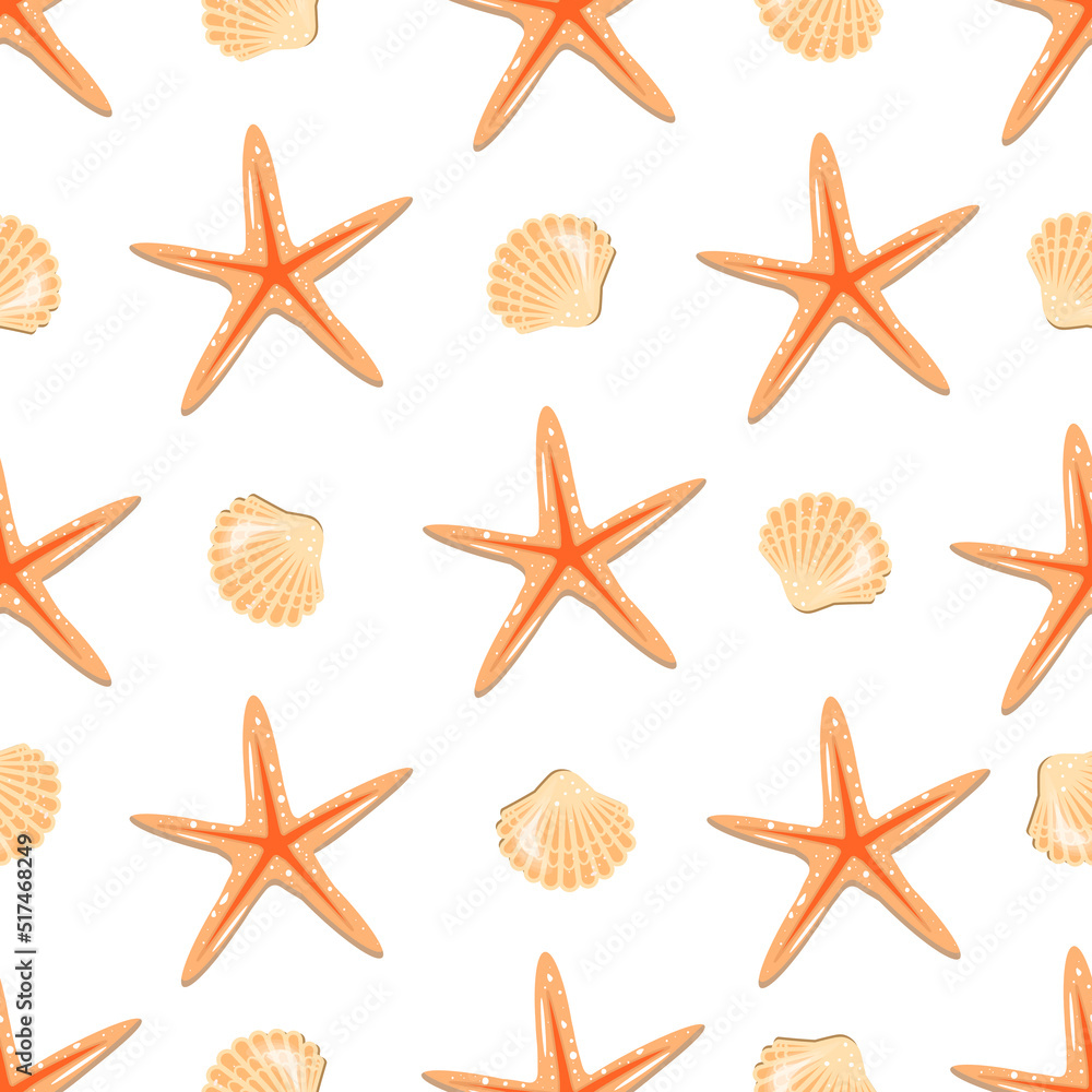 Vector Starfish and Seashells Seamless Pattern on Blue Background Flat ...