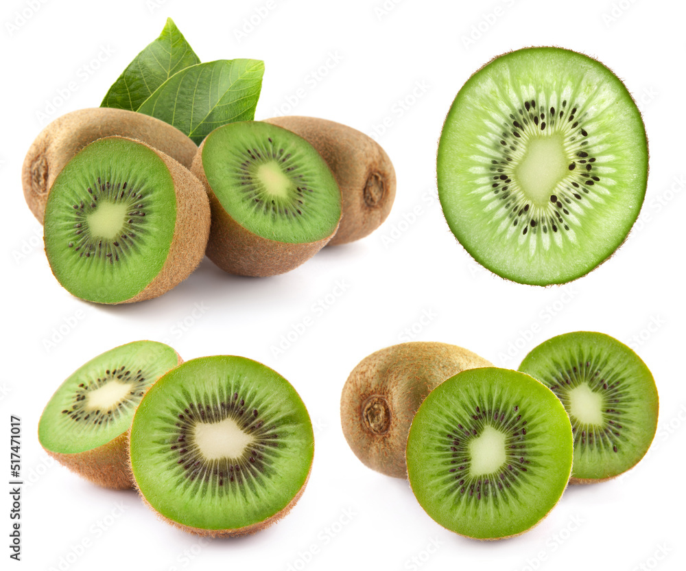 Kiwi collection with leaves isolated on white background. Kiwi set ...