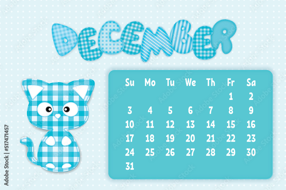 December 2023 Page for kids calendar in funny textile style with ...