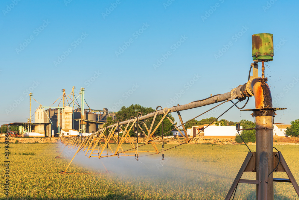 Central Pivot Irrigation System Irrigation Pipes With Sprinklers On Wheels That Rotate On A