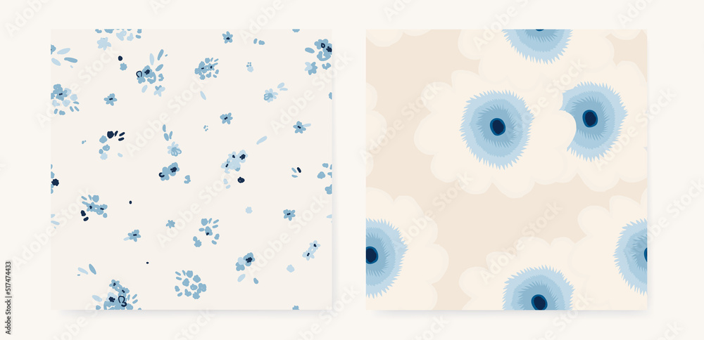 Hand drawn bright blue simple abstract floral print. Minimalist trendy ...