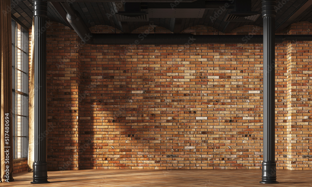 Empty room without decoration. Front wall covered in brown brick and ...