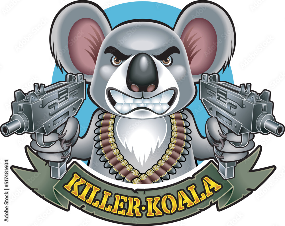 cartoon style koala bear pointing with two machine pistols Stock Vector ...