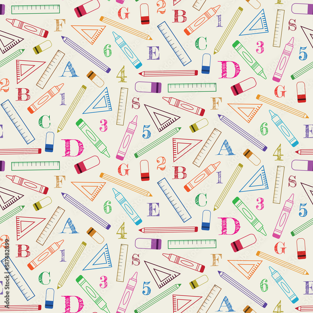 Cute school supplies with letters from the alphabet and numbers ...