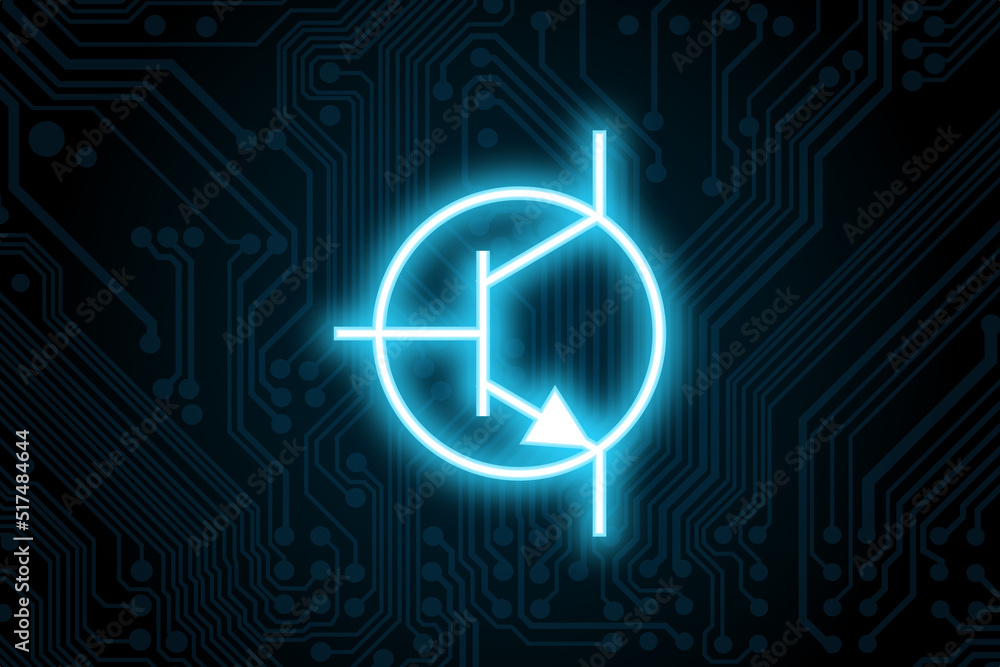 Glowing neon npn transistor symbol sign schematic on dark background ...