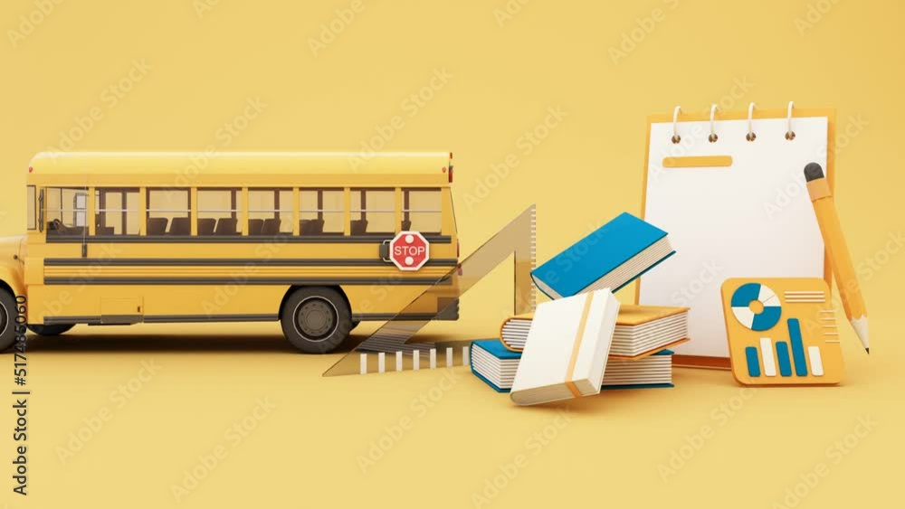 Back to school with school supplies and equipment. School bus with ...