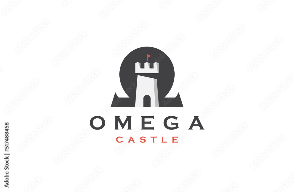 Omega symbol with castle shape logo icon design template flat vector ...