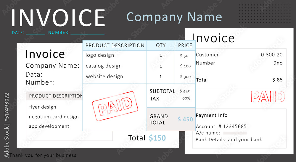 Invoices with stamp PAID and payment information. Illustration Stock ...