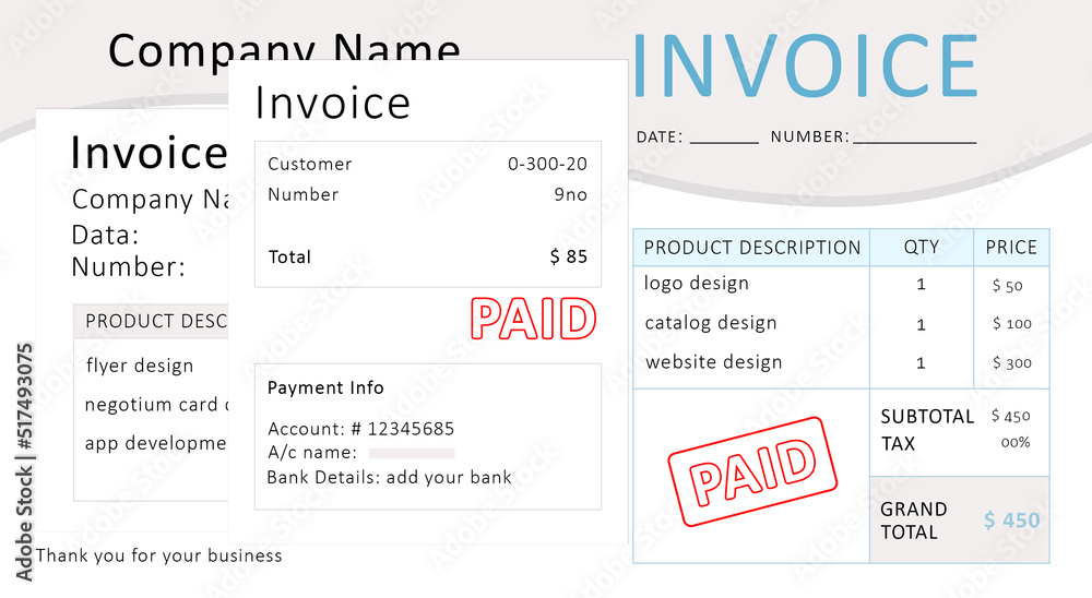 Invoices with stamp PAID and payment information. Illustration Stock ...