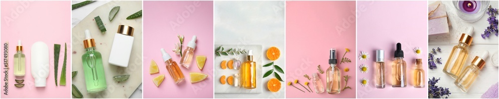 Collage with beautiful photos of different natural essential oils, top ...