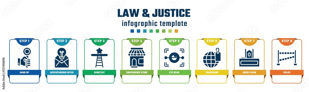 law & justice concept infographic design template. included hand up ...