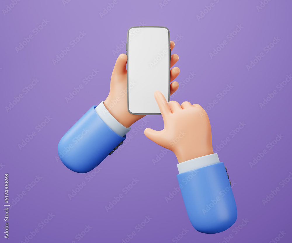 3D Cartoon hand holding smartphone isolated on purple background, Hand ...