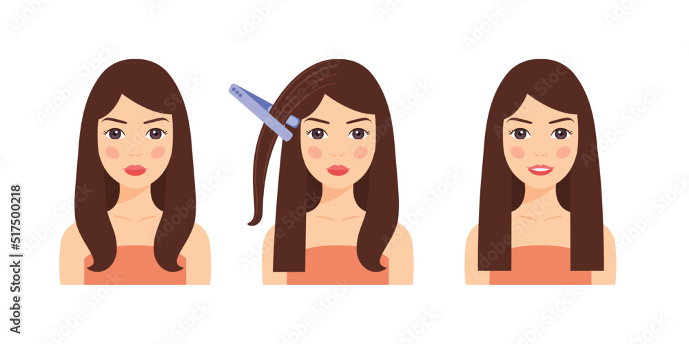 Brunette Woman and Hair Straightener. Before and After. Steps ...