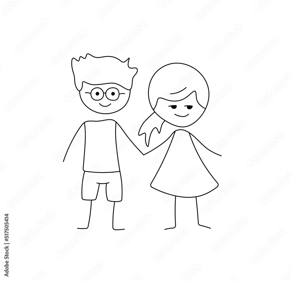Vector isolated two cute cartoon doodle boys holding hands colorless ...