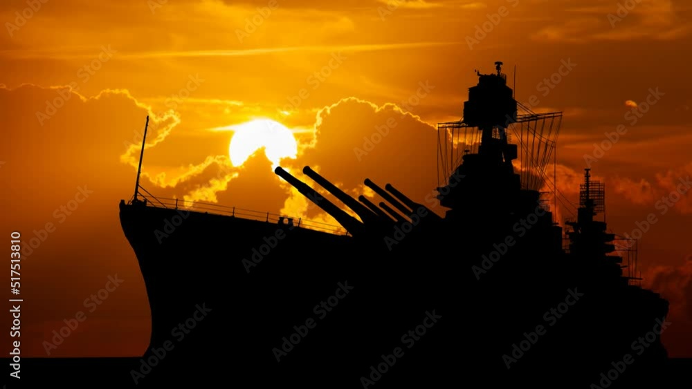 Battleship at Sunset, Time Lapse with Red Sun, Fiery Sky and Silhouette ...