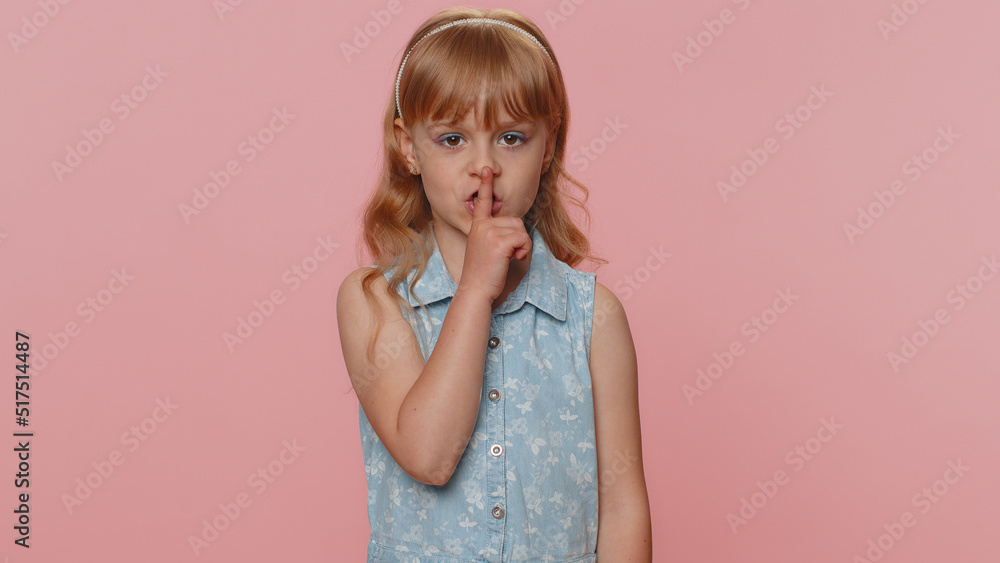 Shh be quiet please. Preteen child girl kid presses index finger to ...