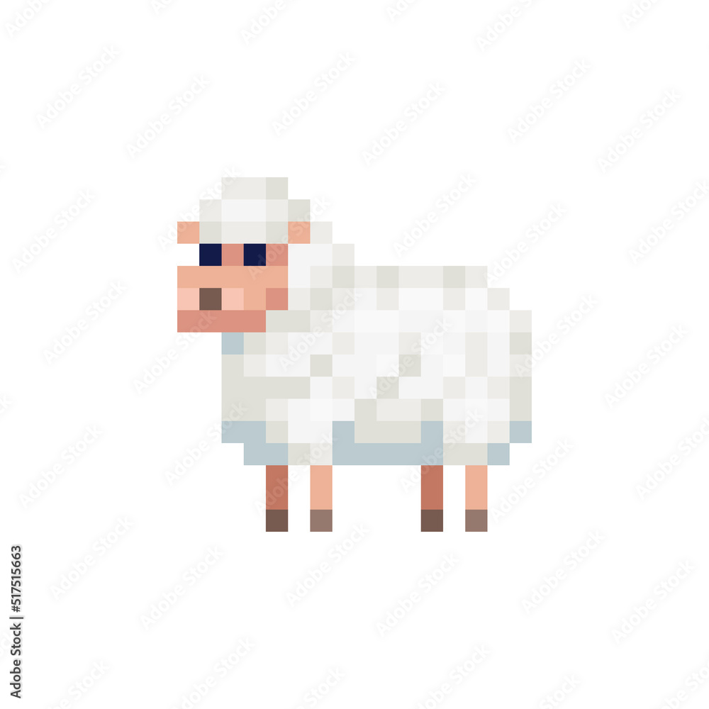 Ewe. Sheep pixel art icon. Cute lamb flat style character isolated vector illustration. Element ...