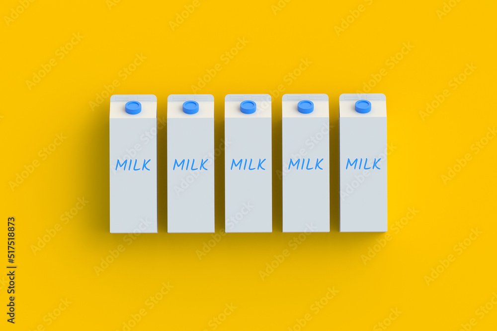 Row of five packs of milk. Dairy beverage. Healthy drink. Top view. 3d ...