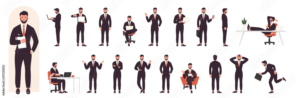 Busy businessman character in various poses set vector illustration ...