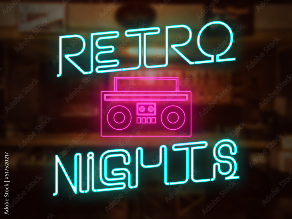 A retro nights neon sign in front of a bar or pub. A pink stereo player ...