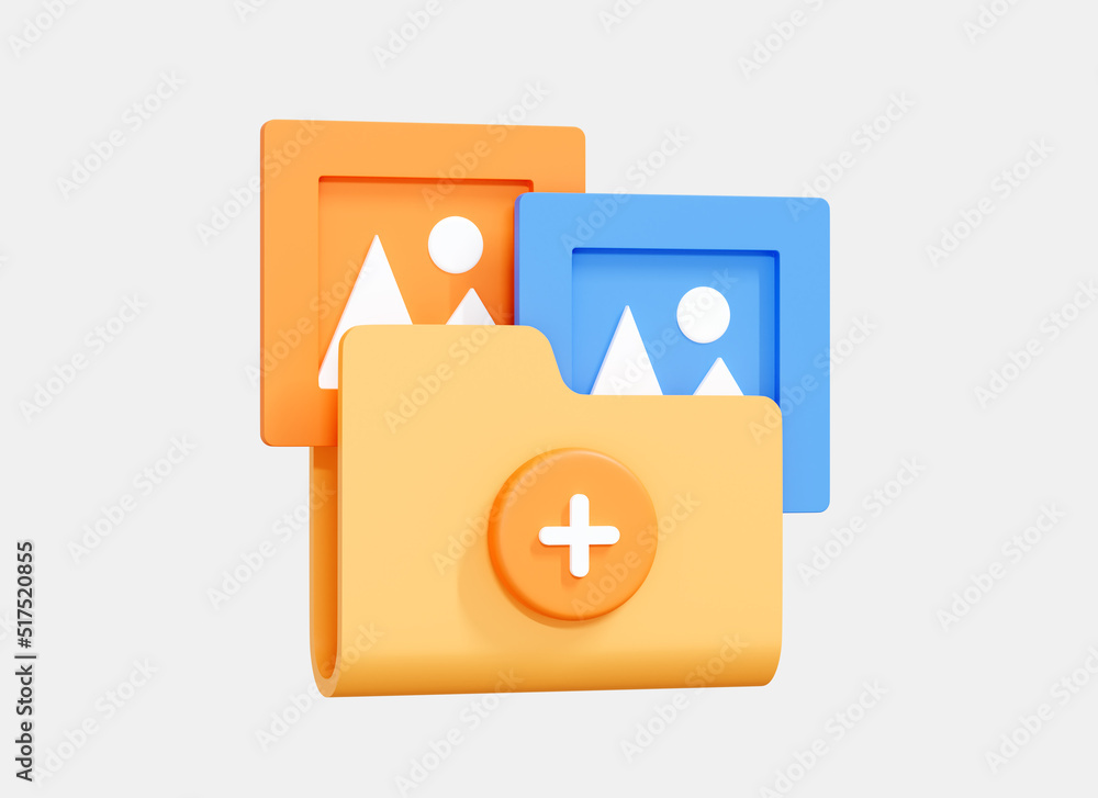 3D Pictures in folder with add photo button. Upload image concept. New ...