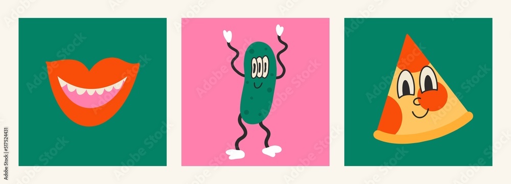 Hand drawn Abstract funny cute comic characters. Set of colorful vector ...