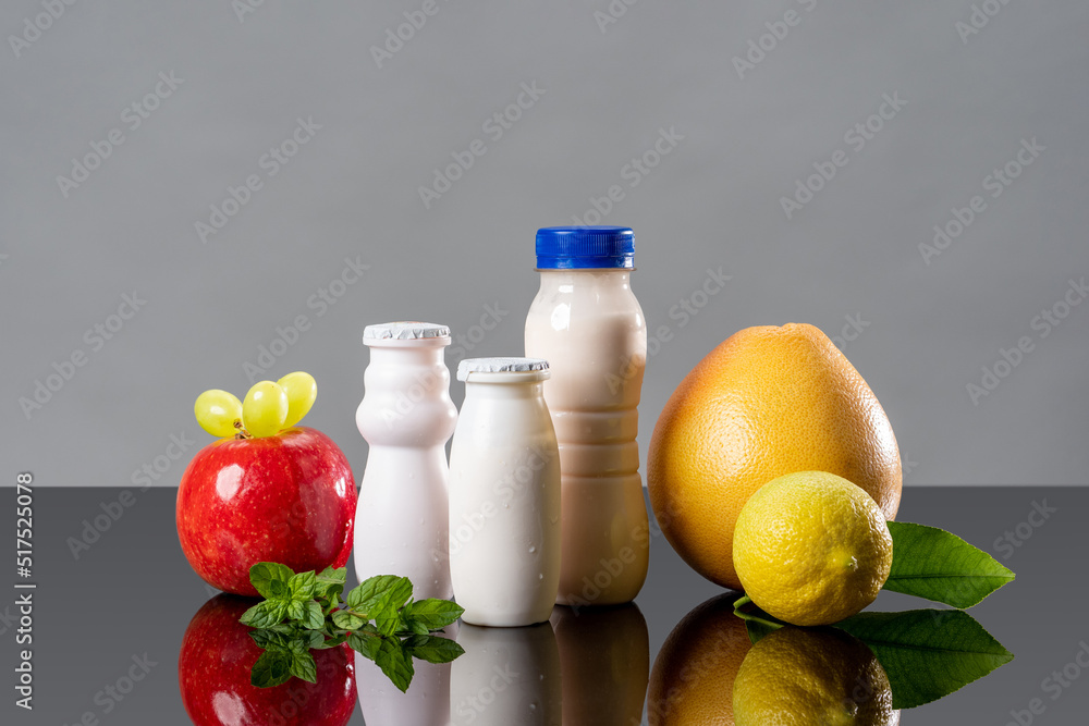 Yoghurts containing probiotics, bifidobacteria and vitamins. White ...