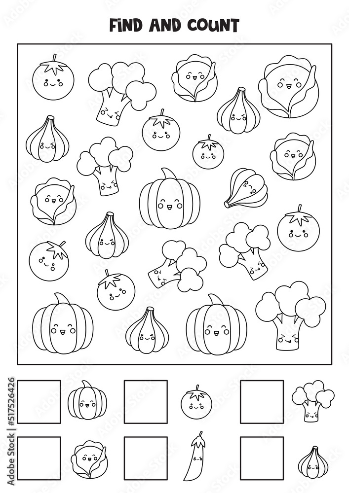 Counting game with cute vegetables. Black and white worksheet. Stock ...