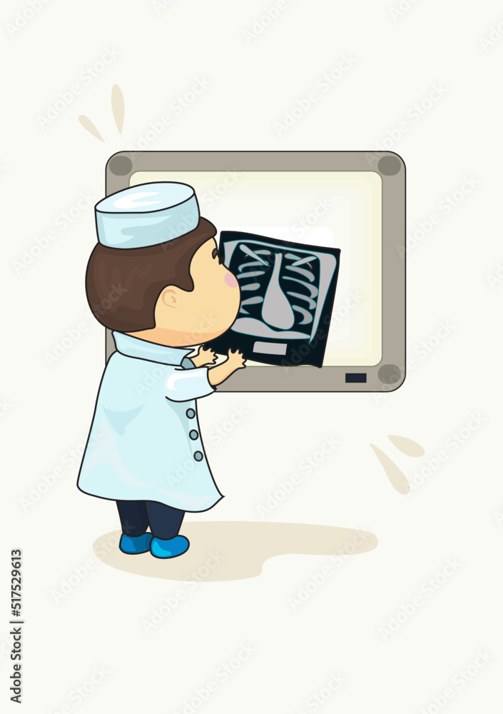 Cartoon image of a kawaii doctor looking at a chest X-ray using a ...