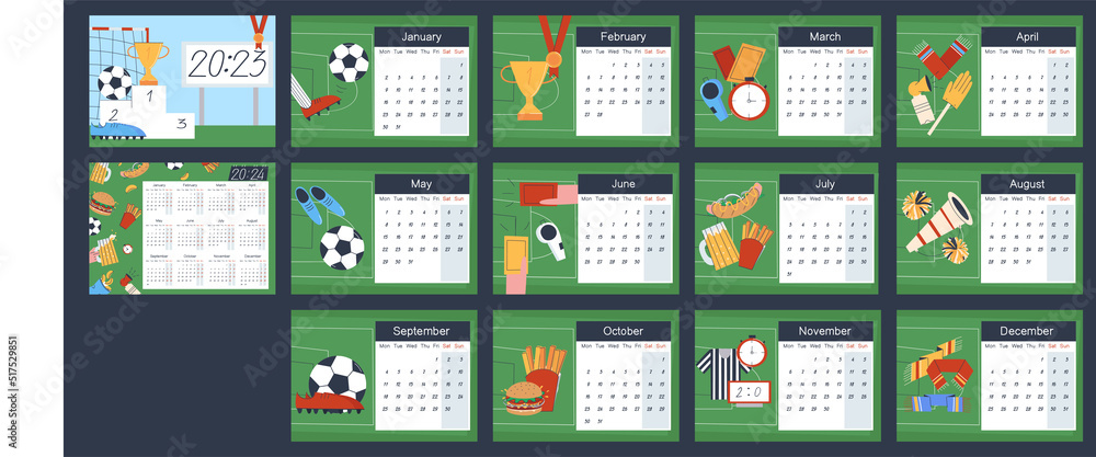 Football theme - vertical calendar for 2023. 12 months, cover and last ...