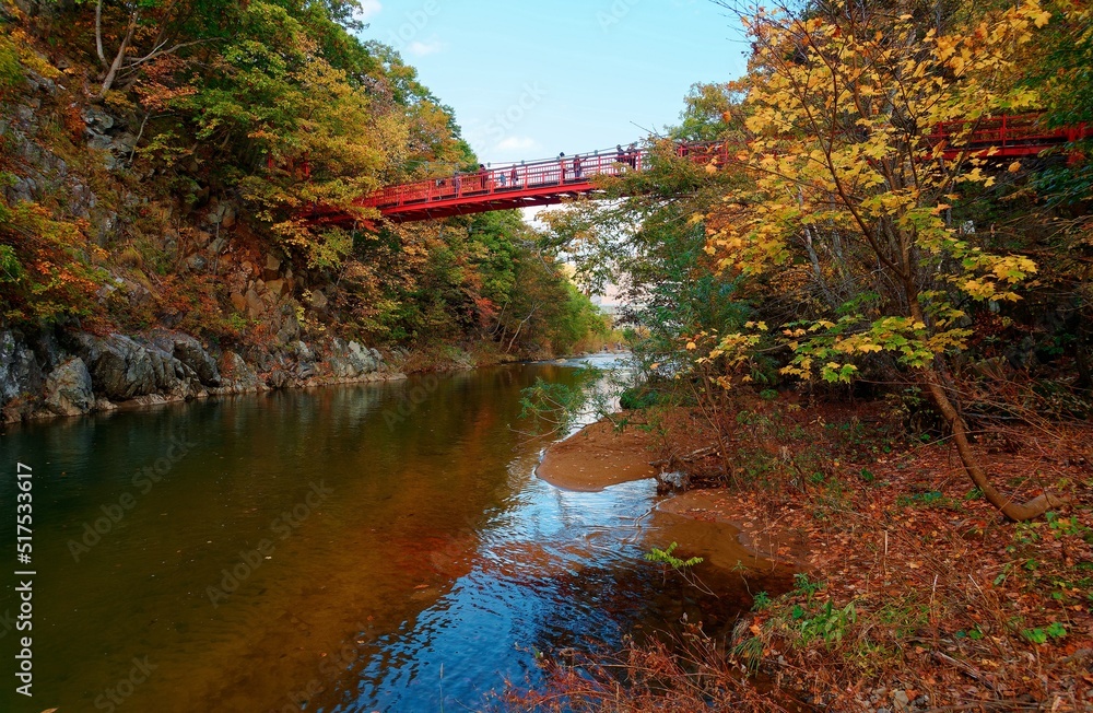 Scenery of the red Futami suspension bridge over Toyohira River with ...