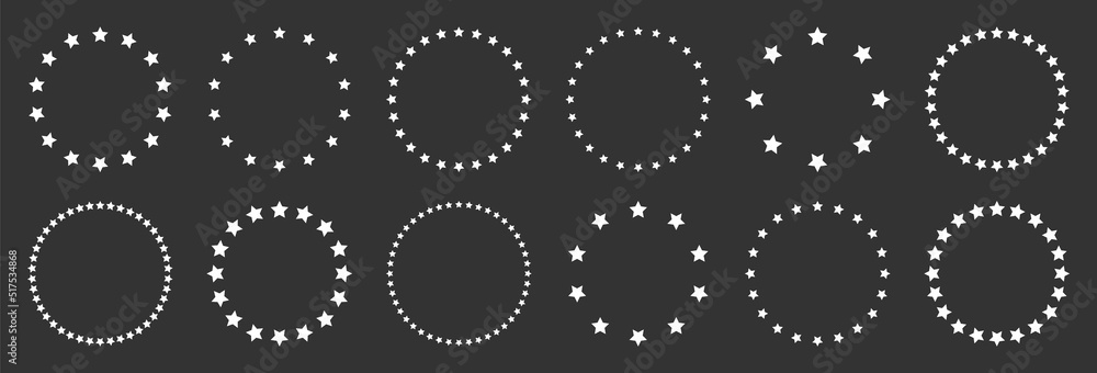 White stars of various sizes arranged in a circle. Round frame, border ...