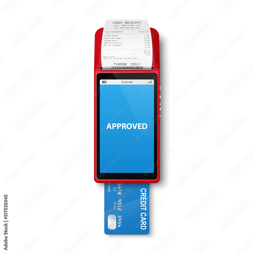 Vector 3d Red NFC Payment Machine, Credit Payment Card, Receipt Isolated. Wi-fi, Wireless ...