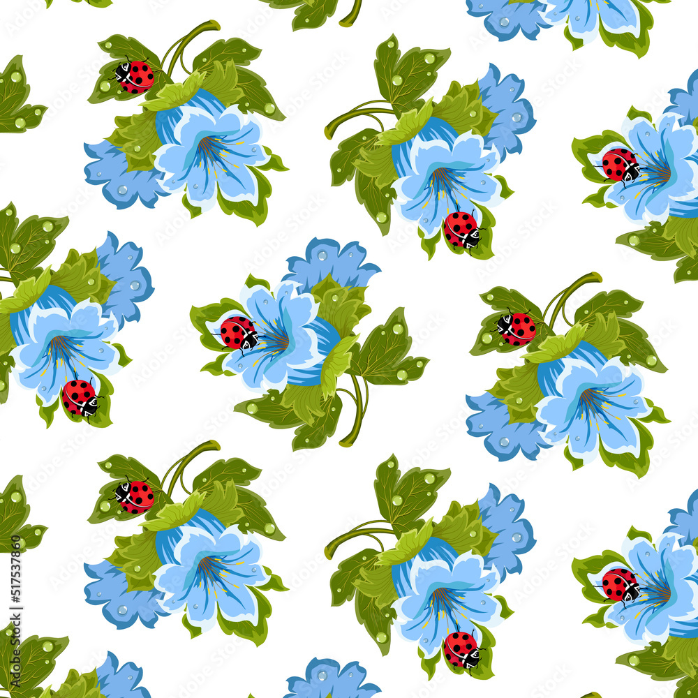 Flowers with ladybugs in the illustration.Colored vector pattern with ...