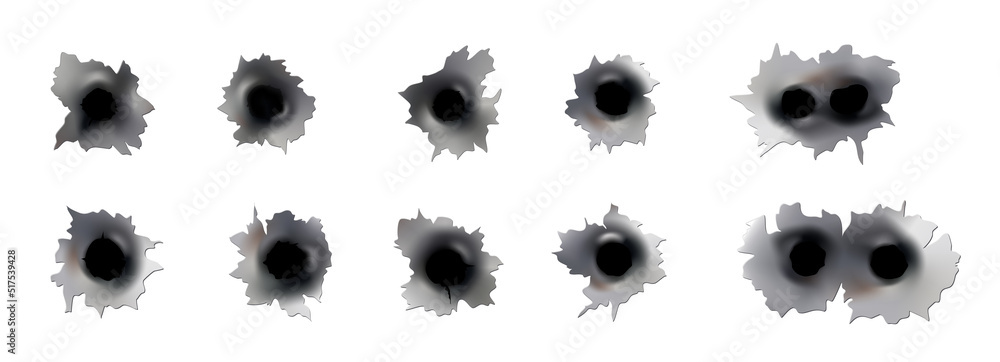 Bullet holes of gun or pistol. Shoot in metal single and double hole ...