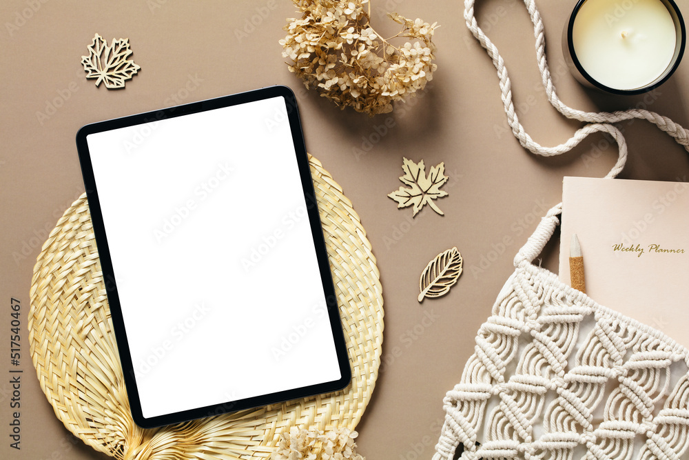 Boho style feminine workspace. Flat lay, top view digital tablet mockup ...