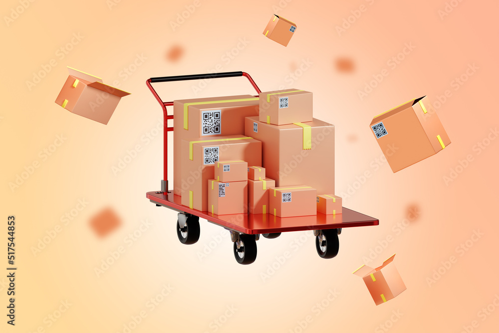 Warehouse trolley with boxes. Warehouse logistics concept. Trolley for ...