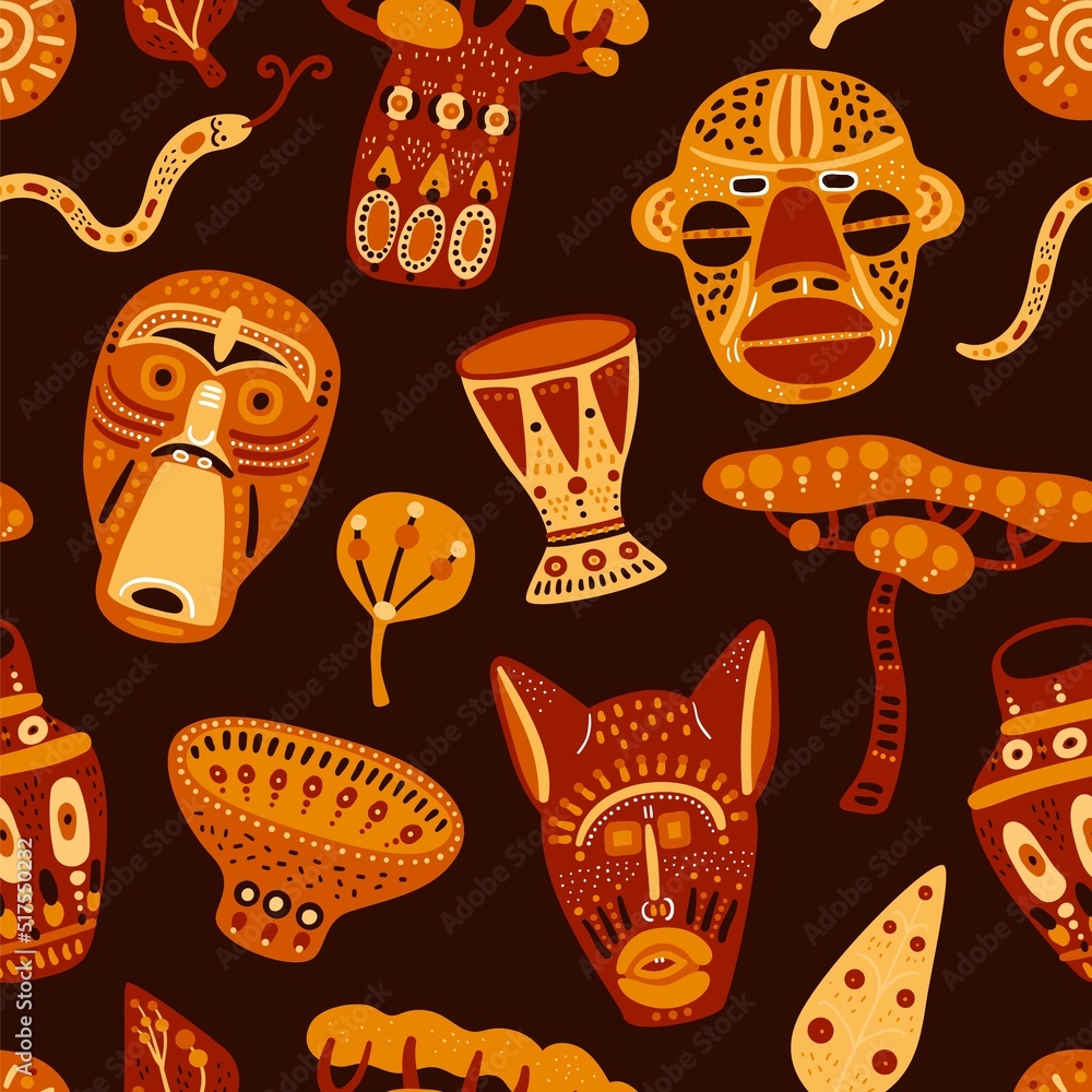 African masks seamless pattern. Ritual decorative elements. Ancient ...