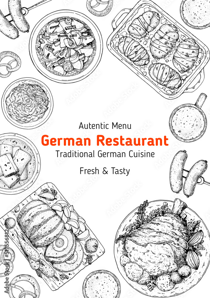 German food frame. Bierhaus menu. German cuisine. Sketch style. Menu ...