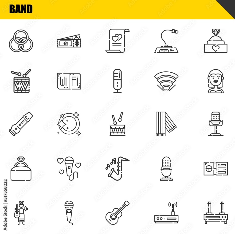 band vector line icons set. rings, guitar and flute Icons. Thin line ...