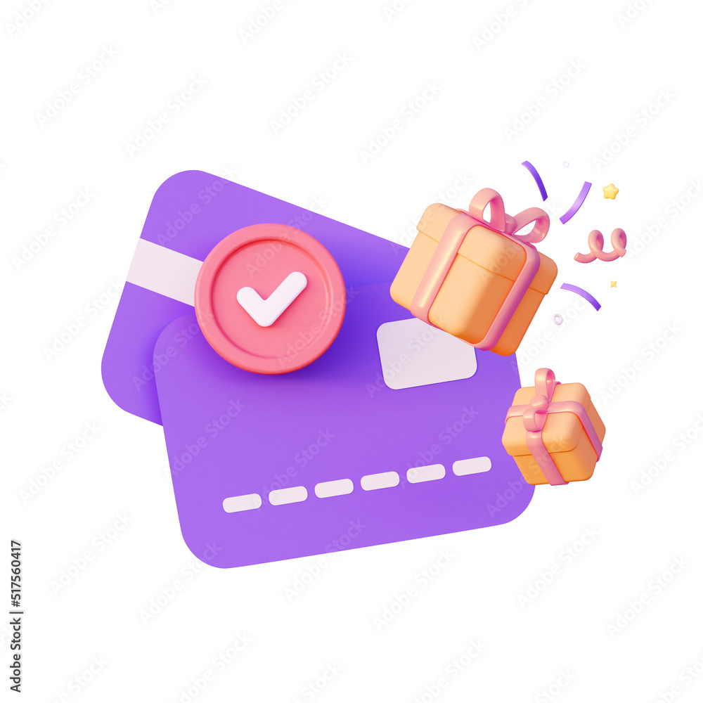 3d online payment confirmation icon. A credit card with gifts. 3D ...