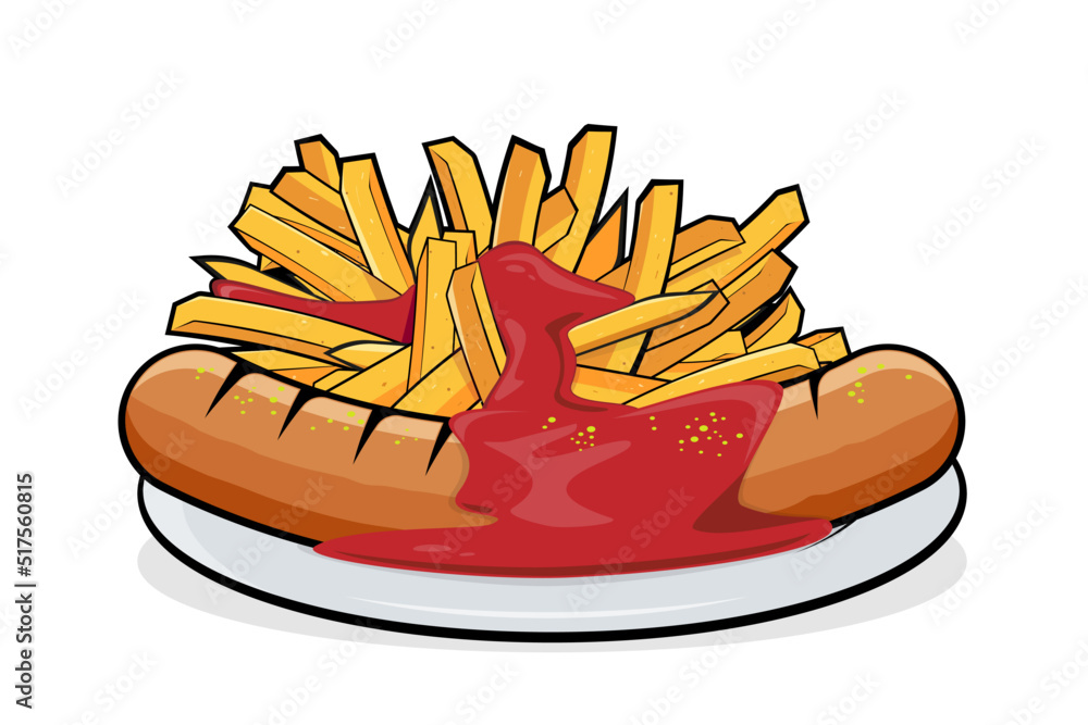 cartoon illustration of delicious german specialty currywurst mit ...