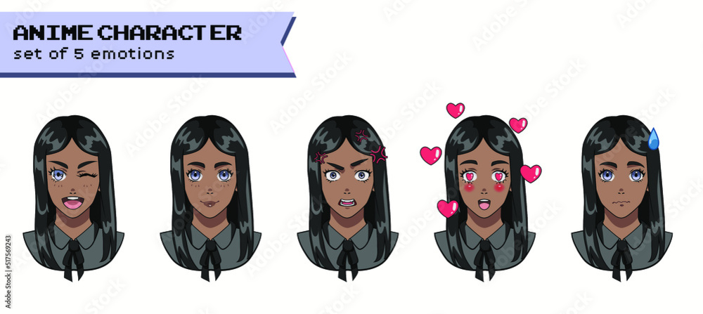 Female dark-skinned long-haired anime character design with a set of ...
