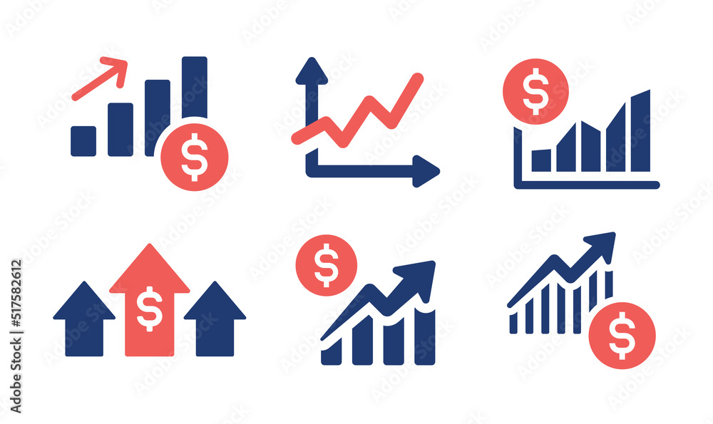 Inflation icon vector set. Dollar chart and graph rise up, cost price ...