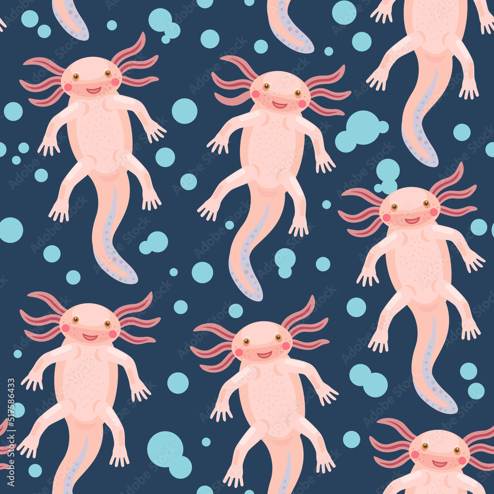 Seamless pattern with cute joy cartoon pink axolotl in various ...