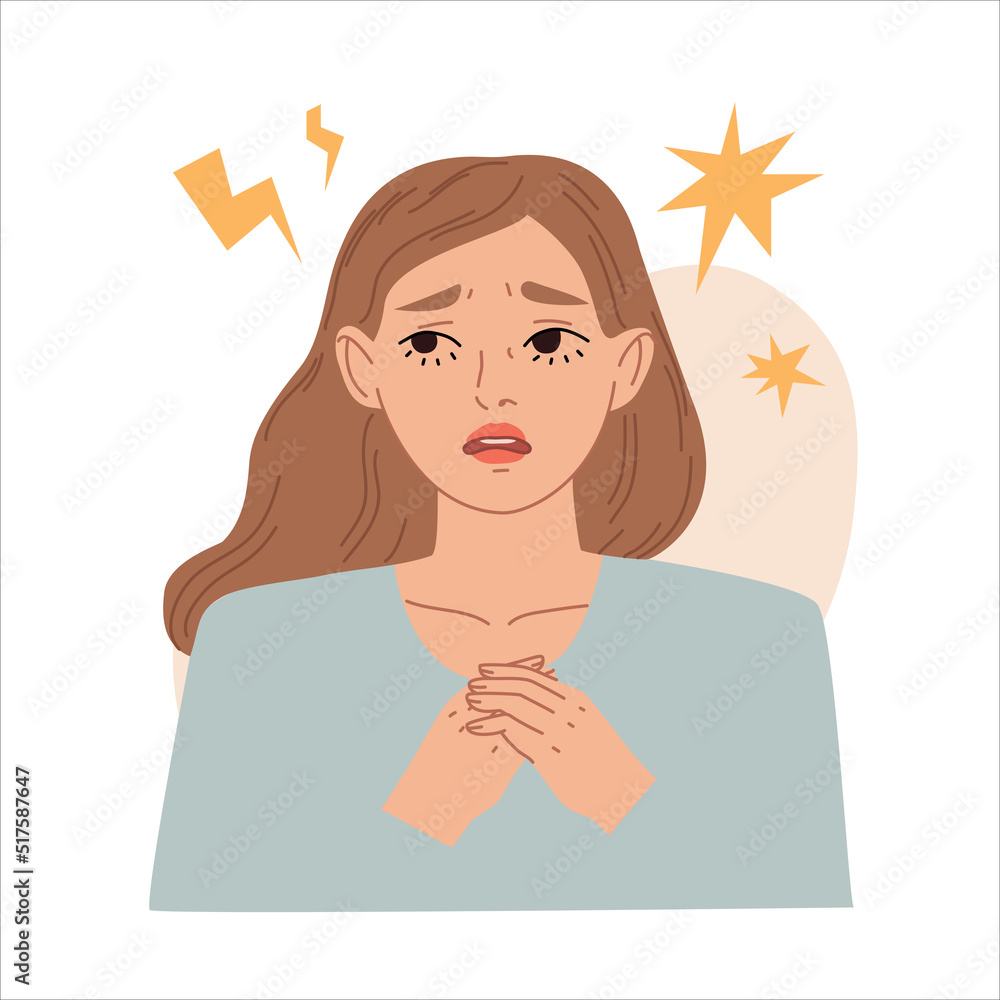 Worried or embarrassed young woman. Sad female character. Sadness ...