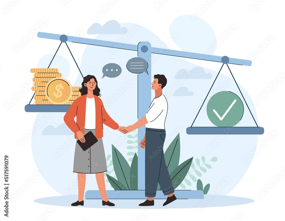 Business ethics concept. Man and woman make deal. Principles and rules ...