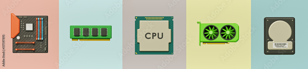 cartoon style simple computer components set. computer hardware ...