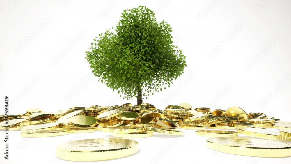 Raise grow tree gold coins in awesome 3d style on white background 4k ...