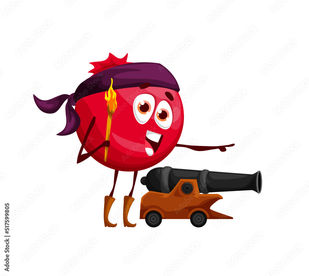 Cartoon cranberry pirate character with torch and cannon, vector funny ...